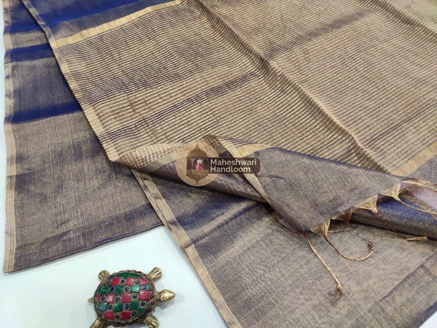Exclusive Dark Blue Maheshwari Full Tissue Weaving Saree With Thin Zar ...